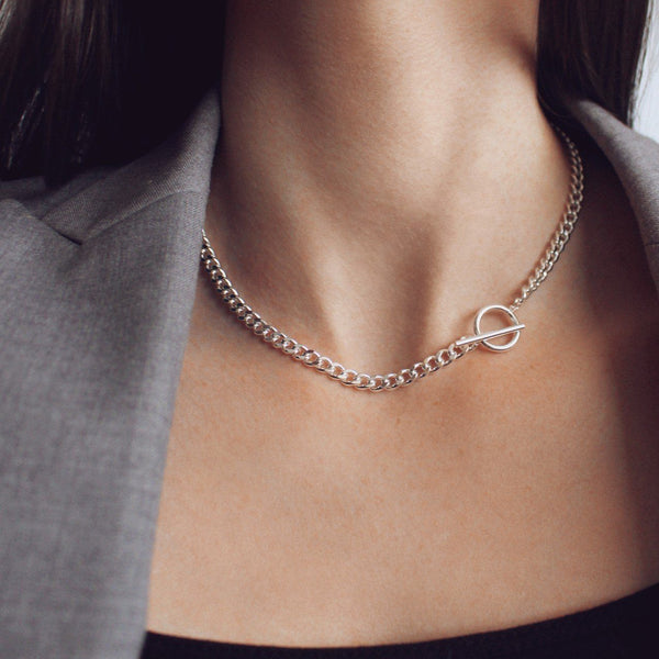 Sterling Silver Plated T Bar and Circle Toggle Chain Necklace